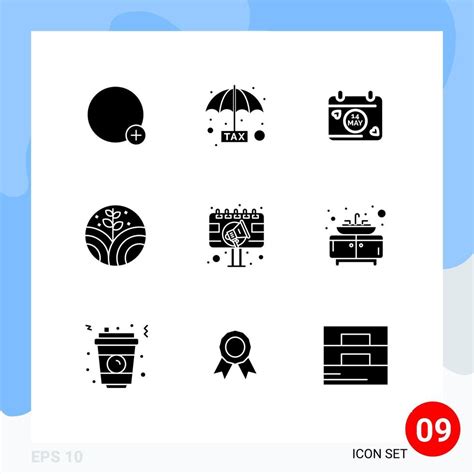 Set Of 9 Vector Solid Glyphs On Grid For Billboard Advertisement Calendar Ad Plant Editable