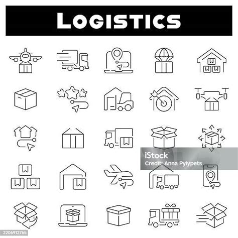 물류 벡터 아이콘 세트입니다 물류 유통 배송 운송 배송 화물 물류 관련 얇은 선 아이콘 모음 편집 가능한 스트로크 경영자에 대한 스톡 벡터 아트 및 기타 이미지 Istock