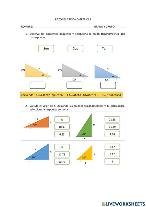 Razones Trigonométricas interactive activity for tercero de secundaria
