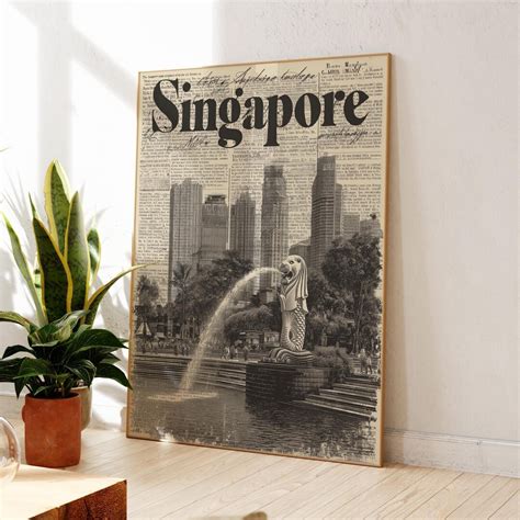 Singapore Newspaper City Wall Art Vintage Merlion Statue Travel Print