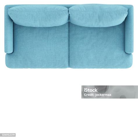 흰색 배경에 나무 다리에 부드러운 파란색 패브릭 소파 카피스페이스 맨 위 보기 3d 렌더링 3차원 형태에 대한 스톡 사진 및 기타 이미지 Istock
