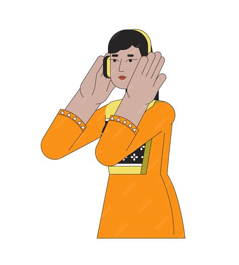 헤드폰 인도 젊은 성인 여성 2d 선형 만화 캐릭터 남아시아 여자가 음악을 듣고 고립된 선 ⁇ 터 사람 ⁇ 배경 행복한 멜로