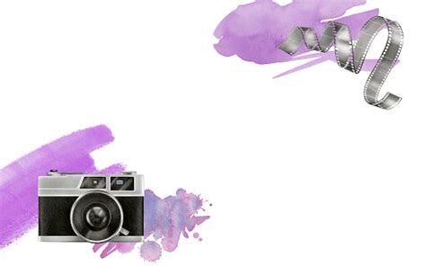 80 년대 90 년대 스타일의 카드 템플릿입니다 라일락 연보라 보라색의 회화적으로 역동적인 수채화 반점이 있는 빈티지 필름 카메라 전단지 명함 사진 스튜디오 포스터 또는