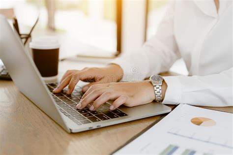 Close Up Business Hands Typing On Laptop Keyboard Business Hands Surfing The Internet Editorial