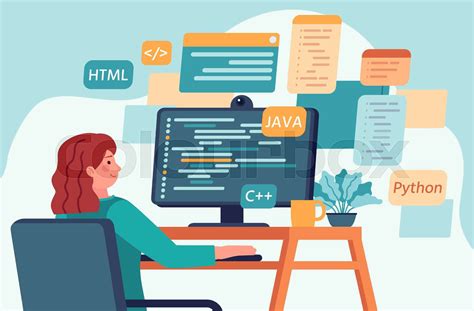 Web Designer And Programmer Working At Desktop Computer Cartoon Woman