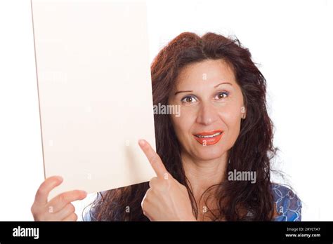 Woman Pointing At Blank Board Stock Photo Alamy