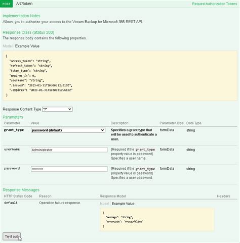 Evaluation In Swagger UI Veeam Backup For Microsoft 365 REST API