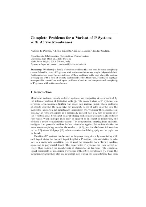 Pdf Complete Problems For A Variant Of P Systems With Active Membranes