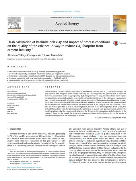 Pdf Flash Calcination Of Kaolinite Rich Clay And Impact Of Process