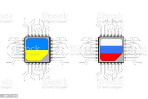 하이브리드 및 사이버 전쟁 개념 회로와 우크라이나와 러시아 국기와 마이크로 칩 Cpu 프로세서 3d 렌더링 Cpu에 대한 스톡 사진 및 기타 이미지 Istock