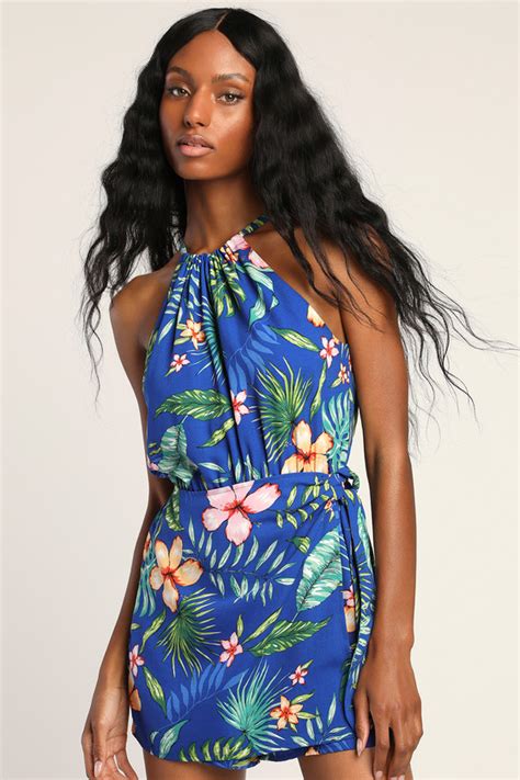 Blue Tropical Romper Faux Wrap Romper Cute Halter Romper Lulus