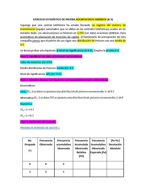 Ejercicio Estadístico De Prueba Kolmogorov Smirnov K S Pdf