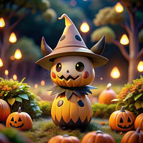 Cute Mimikyu Halloween Character With Pumpkin Stock Illustration Illustration Of Jungle Leaf