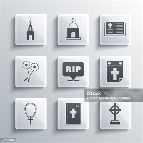 거룩한 성경 책 십자가와 무덤 달력 죽음 말풍선 립 체인 꽃 교회 건물 및 아이콘에 기독교를 설정합니다 벡터 0명에 대한 스톡