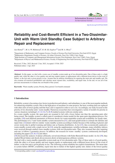Pdf Reliability And Cost Benefit Efficient In A Two Dissimilar Unit With Warm Unit Standby