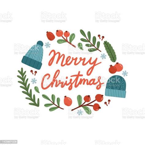 Merry Christmas Phrase With Wreath Lettering Isolated Vector