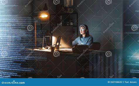 Business Woman Computer Or Coding In Night Office For Digital
