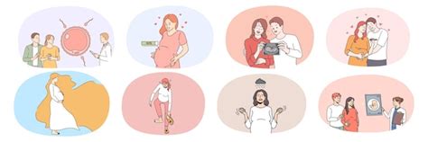 젊은 임신한 여자와 아기를 기다리는 남자의 컬렉션 임신 Ivf 치료에 흥분된 행복한 가족 세트 출산 및 부모 개념 벡터 일러스트
