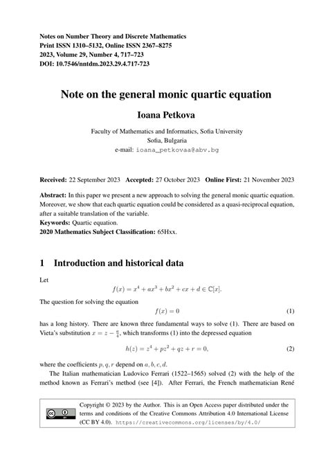 Pdf Note On The General Monic Quartic Equation
