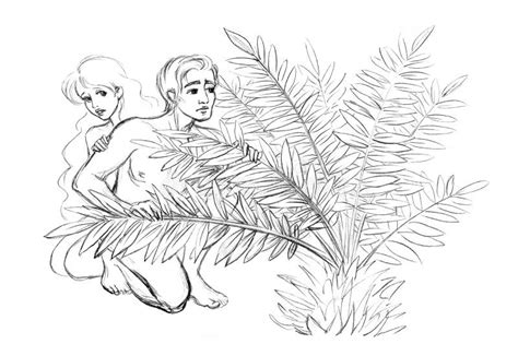 Adam And Eve Were Afraid Of God And Hid Pencil Drawing Stock