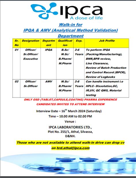 Ipca Laboratories Walk In Interview For Ipqa Amv Position
