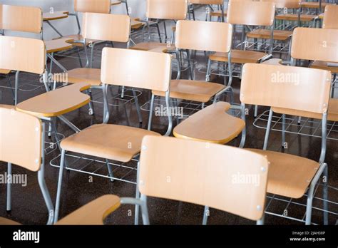 Wooden Chairs In Rows In Classroom Of Babe Interior Indoor Stock