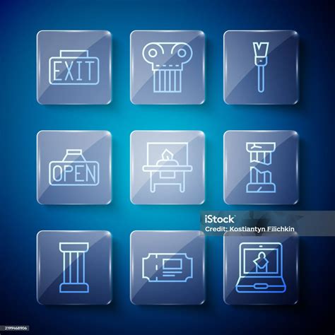 세트 라인 고대 기둥 박물관 티켓 온라인 박물관 페인트 브러시 전시회 유리 쇼케이스 개방 출구 및 깨진 고대 아이콘이있는 교수형