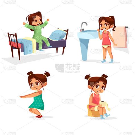 女孩晨童矢量插画卡通儿童的日常活动起床洗漱和体育锻炼