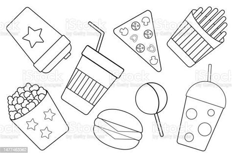 Set Elemen Makanan Cepat Saji Seni Garis Dalam Gaya Sketsa Mengisolasi