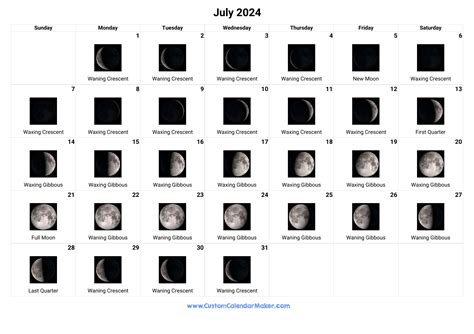 July 2024 Moon Phases Calendar Custom Calendar Maker