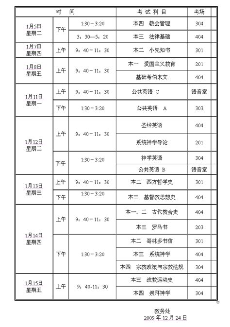 2009—2010学年度秋季学期期末考试安排 金陵协和神学院