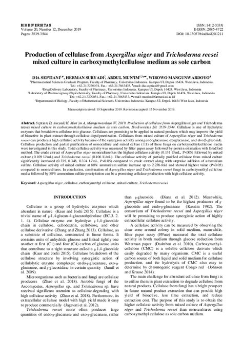 Pdf Production Of Cellulase From Aspergillus Niger And Trichoderma Reesei Mixed Culture In