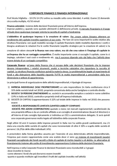 Riassunto Corporate Finance Appunti Di Finanza Docsity