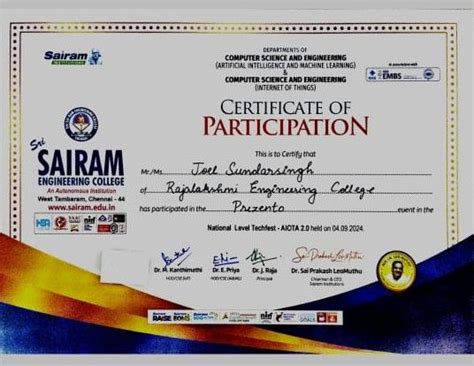 Techfest Participation Certification Joel Sundarsingh