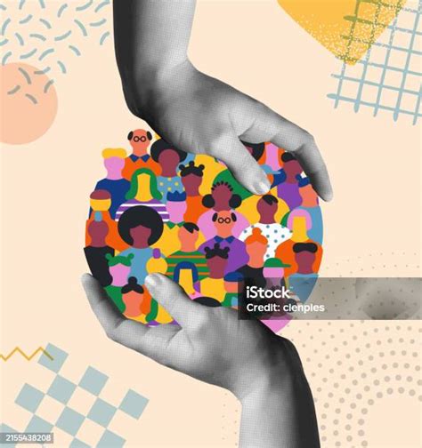 원형 모양과 벡터 카드를 보호하는 인간의 손에 다양한 사람들 다민족 그룹에 대한 스톡 벡터 아트 및 기타 이미지 다민족 그룹 통일 다양성 Istock