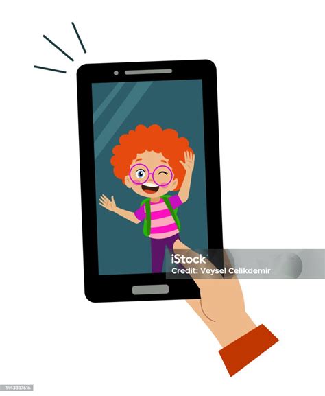 화상 회의 귀여운 꼬마가 태블릿을 사용하여 친구와 화상 통화를 하고 있다 아이들은 인터넷 기술을 사용하여 행복한 미소를 짓습니다 화면에 소녀 얼굴 호출에 대 한 벡터 만화