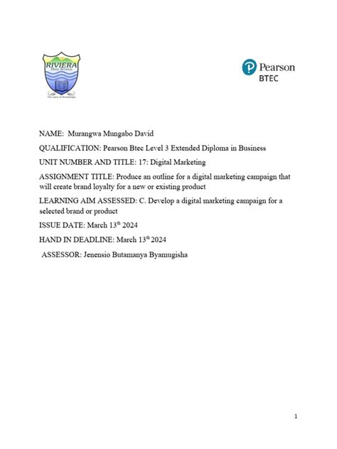 Unit 17 Digital Marketing Assignment Murangwa Mungabo David 2023 2024 Download Free Pdf