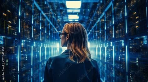 Back View Of A Woman In A Data Center Aisle Between Server Racks With Blue Lighting Stock Photo