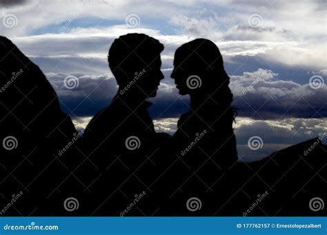 Silhouette Of A Wedding Couple At Sunset Stock Image Image Of Adult