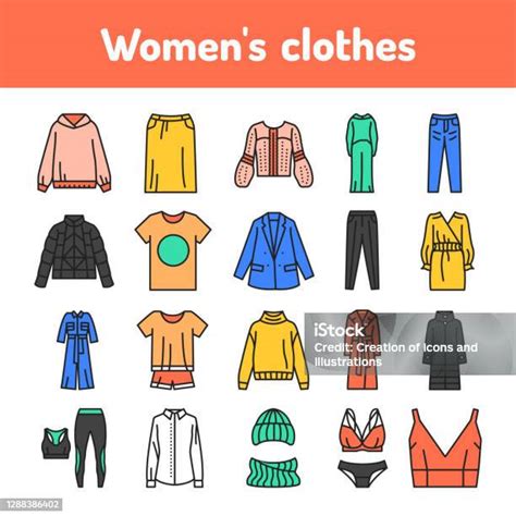 여성 의류 색상 라인 아이콘 세트 웹 페이지 모바일 앱 프로모션용 픽토그램 0명에 대한 스톡 벡터 아트 및 기타 이미지 0명 개념 구매 Istock