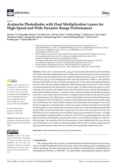 Pdf Avalanche Photodiodes With Dual Multiplication Layers For High Speed And Wide Dynamic