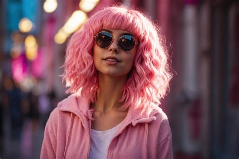 Carefree Girl On Pink Wig And Sunglasses Ai Generative Premium Ai