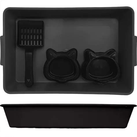 Kit Banheira Caixa De Areia Gatos Pá Comedouro E Bebedouro Cor Preto