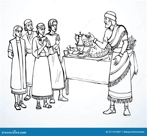 Vector Drawing Daniel And His Friends Refuse The King S Food Stock