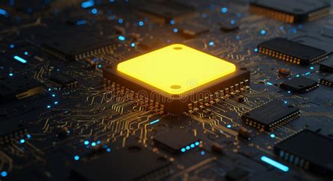 Glowing Yellow CPU Chip On A Circuit Board High Tech Computing Power Stock Illustration