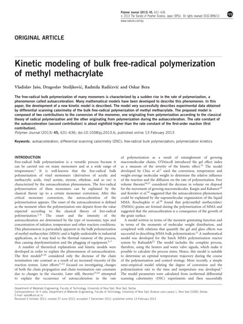 Pdf Kinetic Modeling Of Bulk Free Radical Polymerization Of Methyl