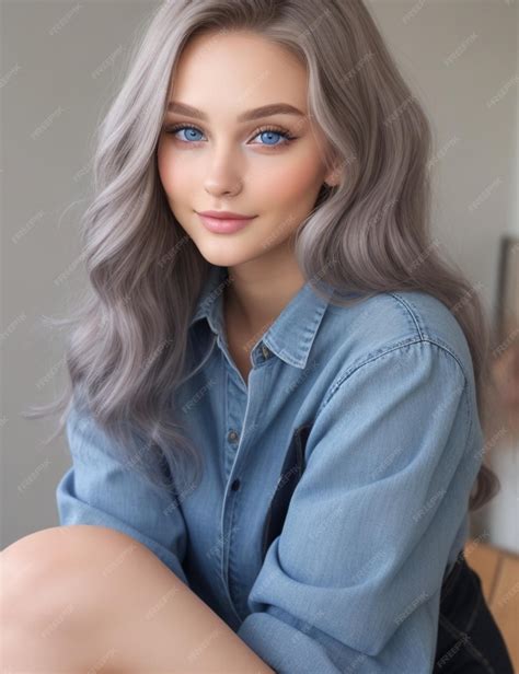 Premium Ai Image A Girl With Grey Hair And Blue Eyes