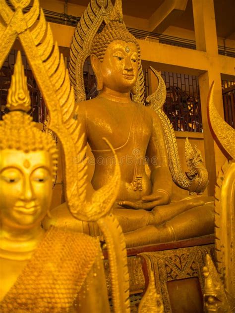 Buddha Brass Statue Sitting Peacefully In The Set Altar Tabl Stock
