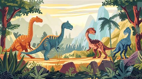 Four Dinosaurs Are Walking Through A Lush Prehistoric Landscape