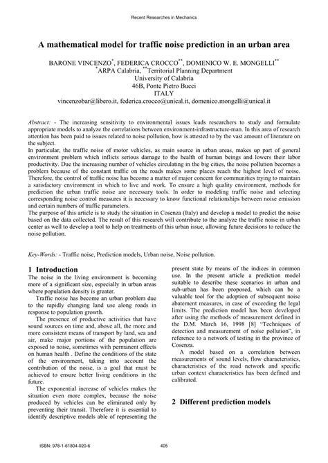 Pdf A Mathematical Model For Traffic Noise Prediction In An Urban Area